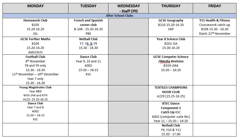 Reading Girls' School - Extra-curricular Timetable